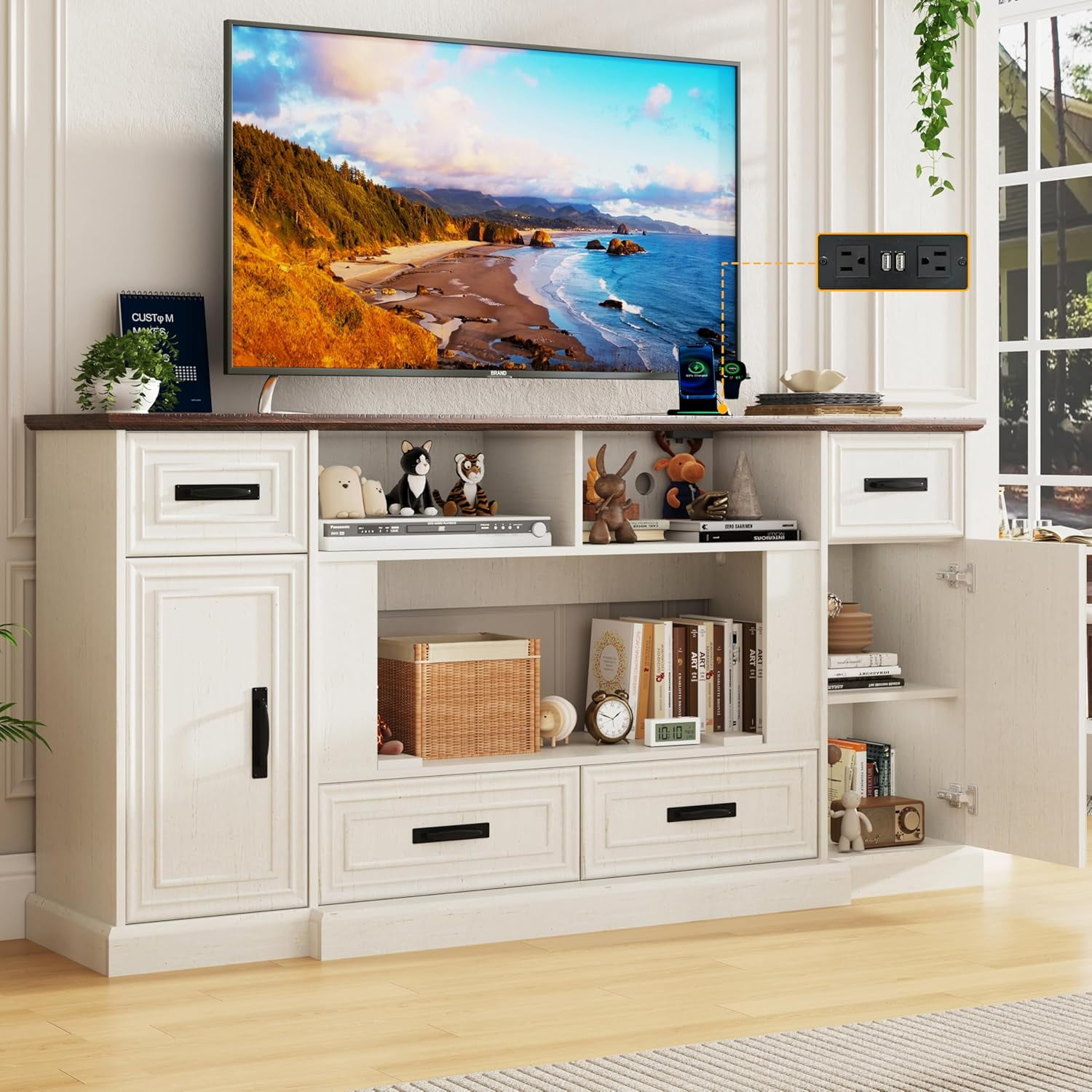 70" TV Stand for 80 inch TVs, Farmhouse Entertainment Center with Storage, Wood TV Console ...