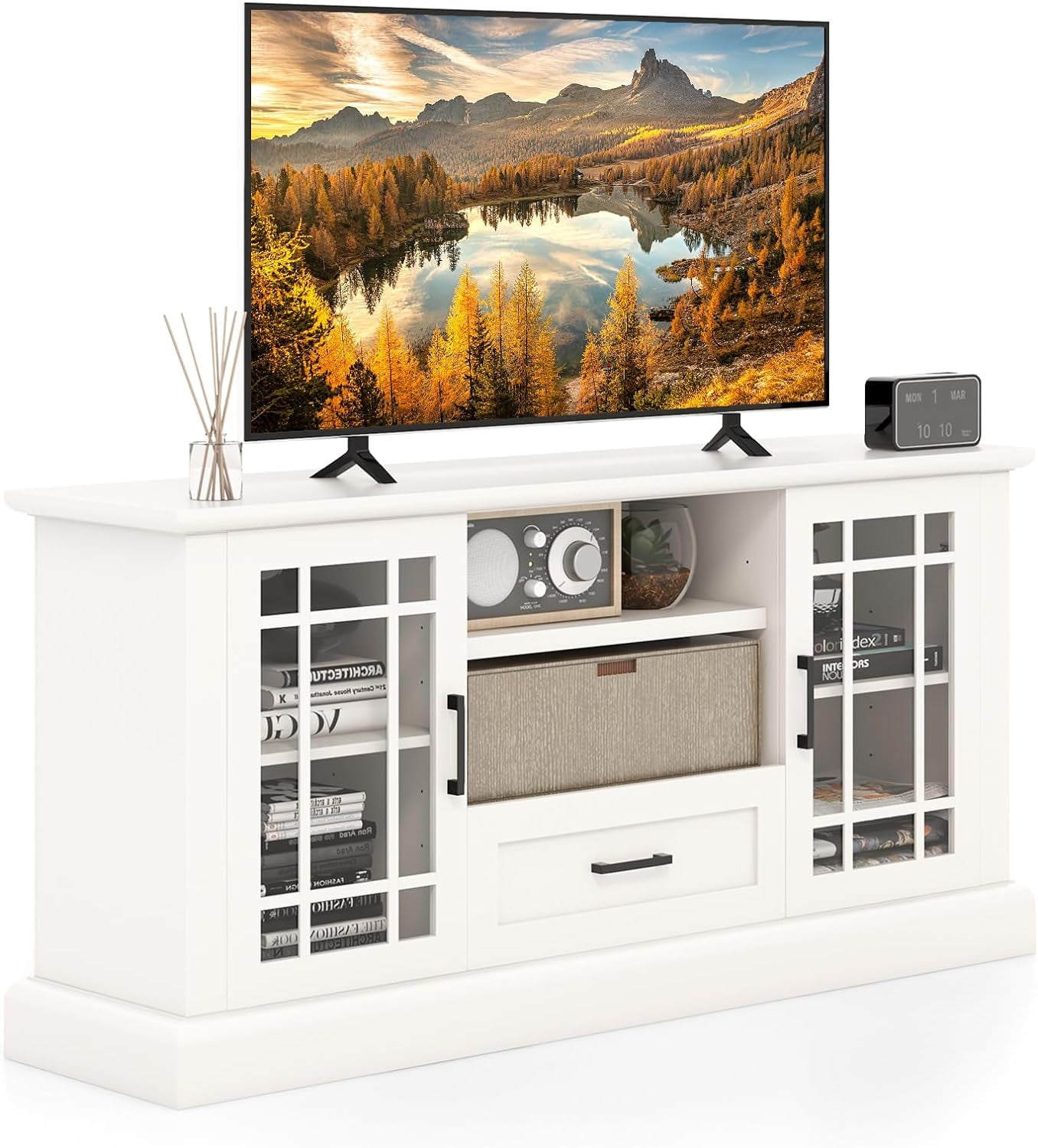 70" TV Stand, Farmhouse Wood TV Cabinet Entertainment Center, Glass ...