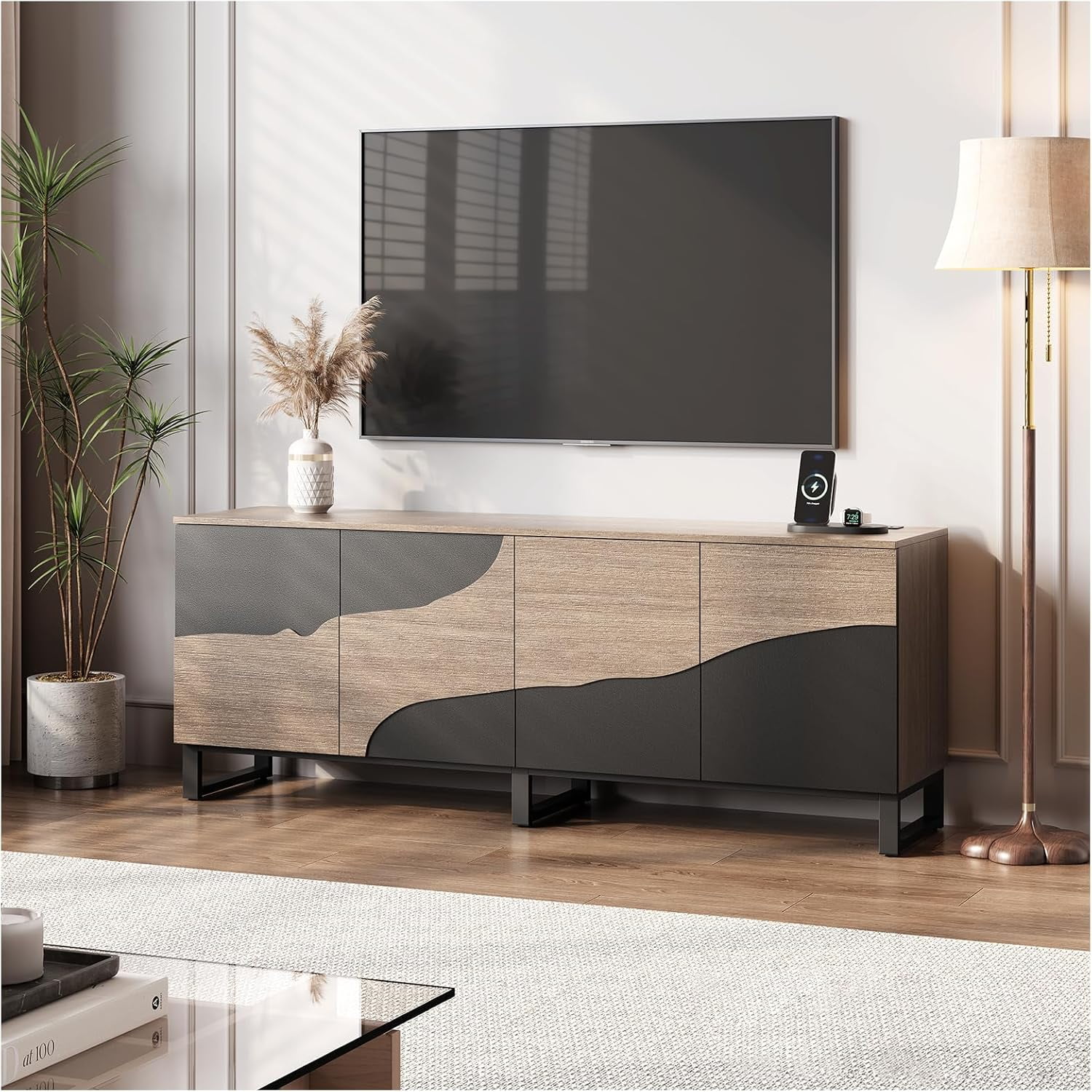 70" TV Stand with Power Outlet, Black Large TV Stands for 75 Inch TV ...