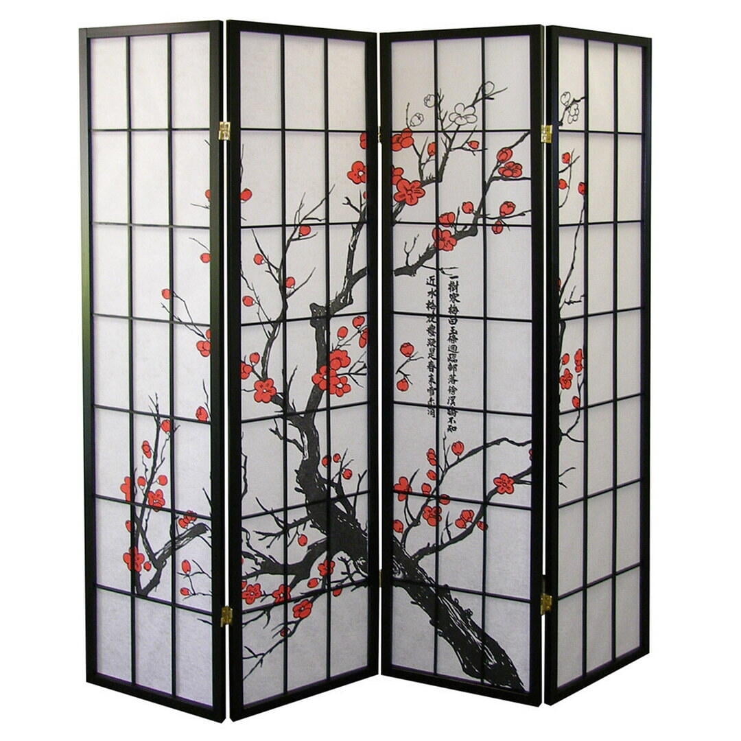 70"" Tall 4-Panel Room Divider with Plum Blossom Design, Black Wood ...