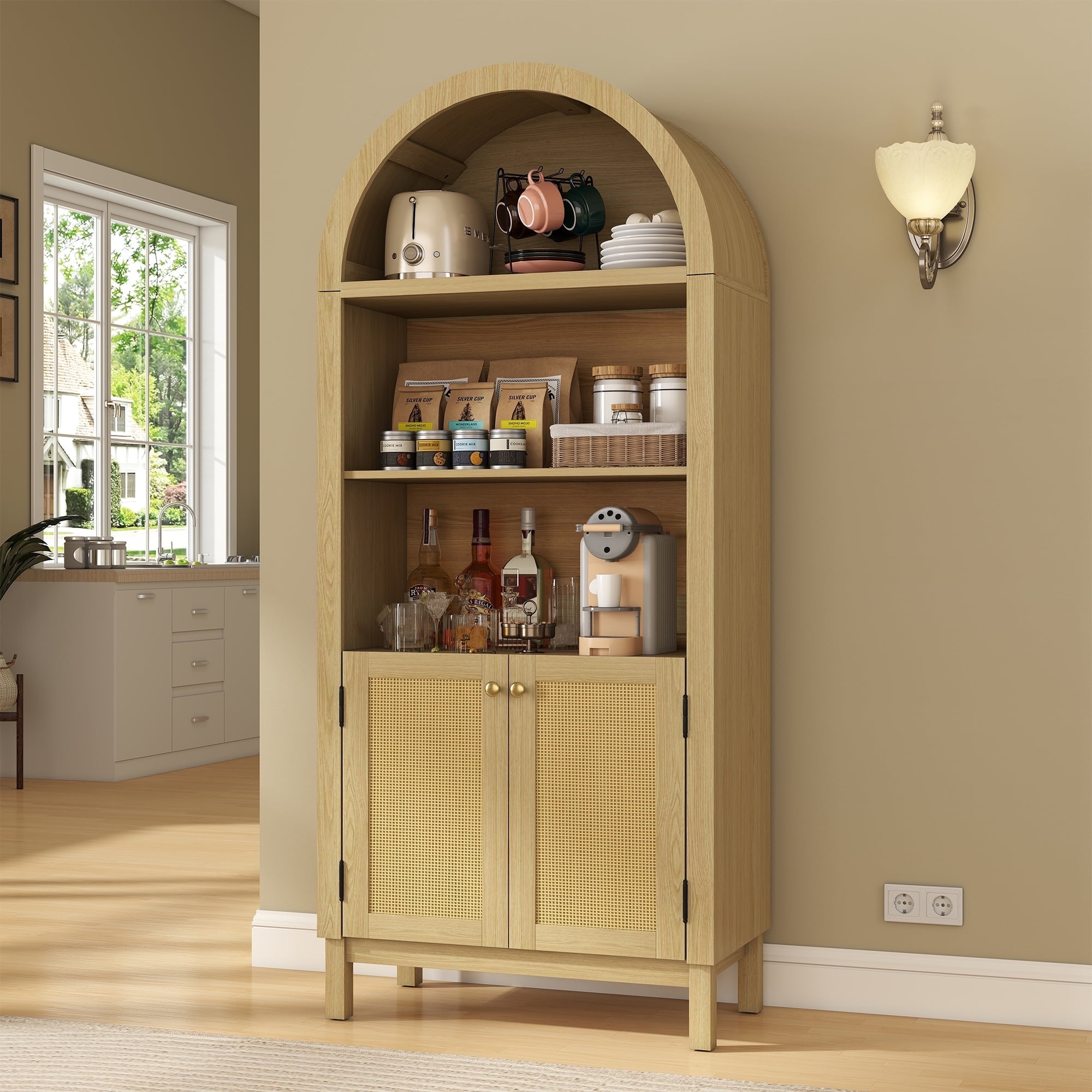 BOMETAO 70" Tall Arched Bookcase, 5-Tier Arched Cabinet with Rattan ...