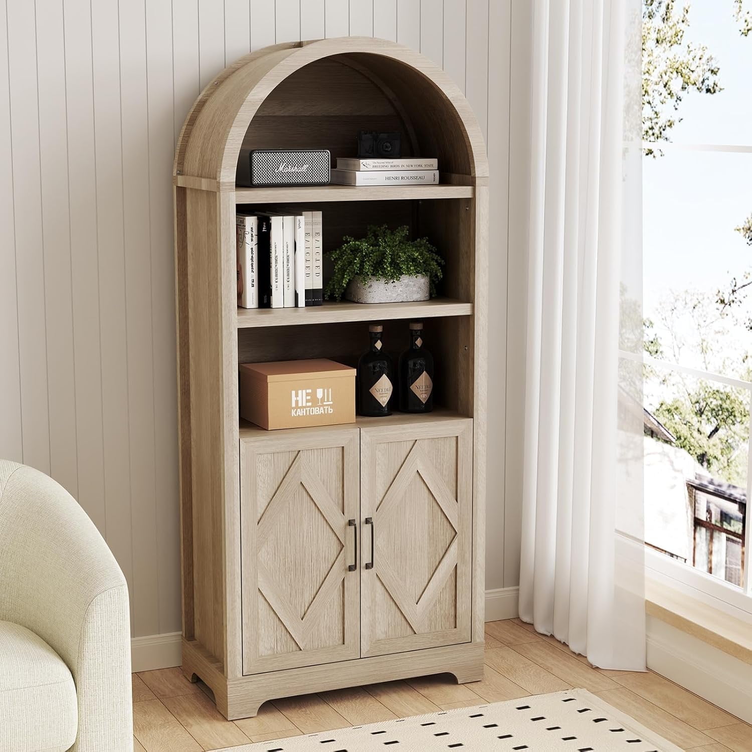 Vipbear 70" Tall Arched Bookshelf, 3-Tier Bookcase with Glass Doors and ...