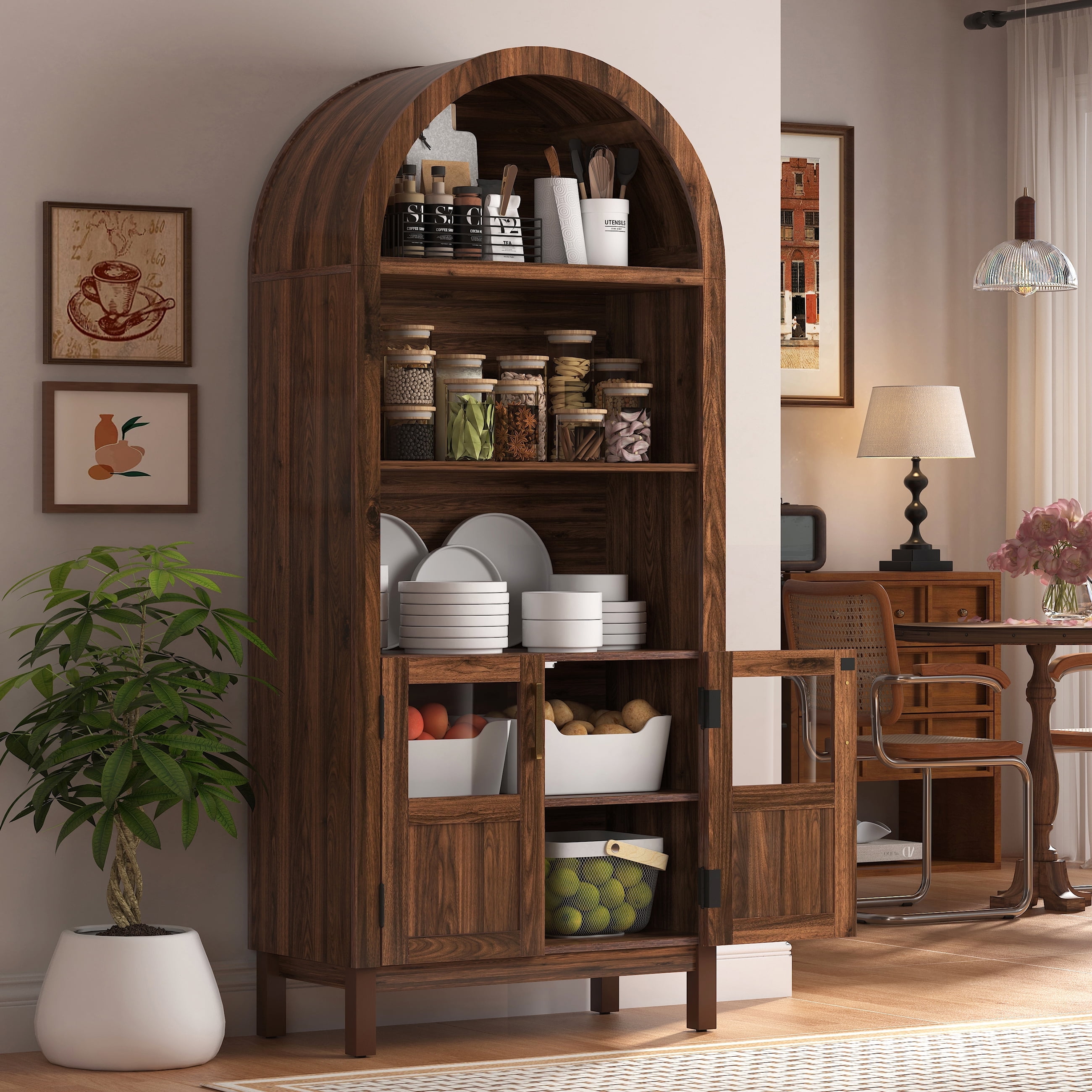BOMETAO 5-Tier Arch Bookcase with Glass Door, 70" Tall Arched Curio ...