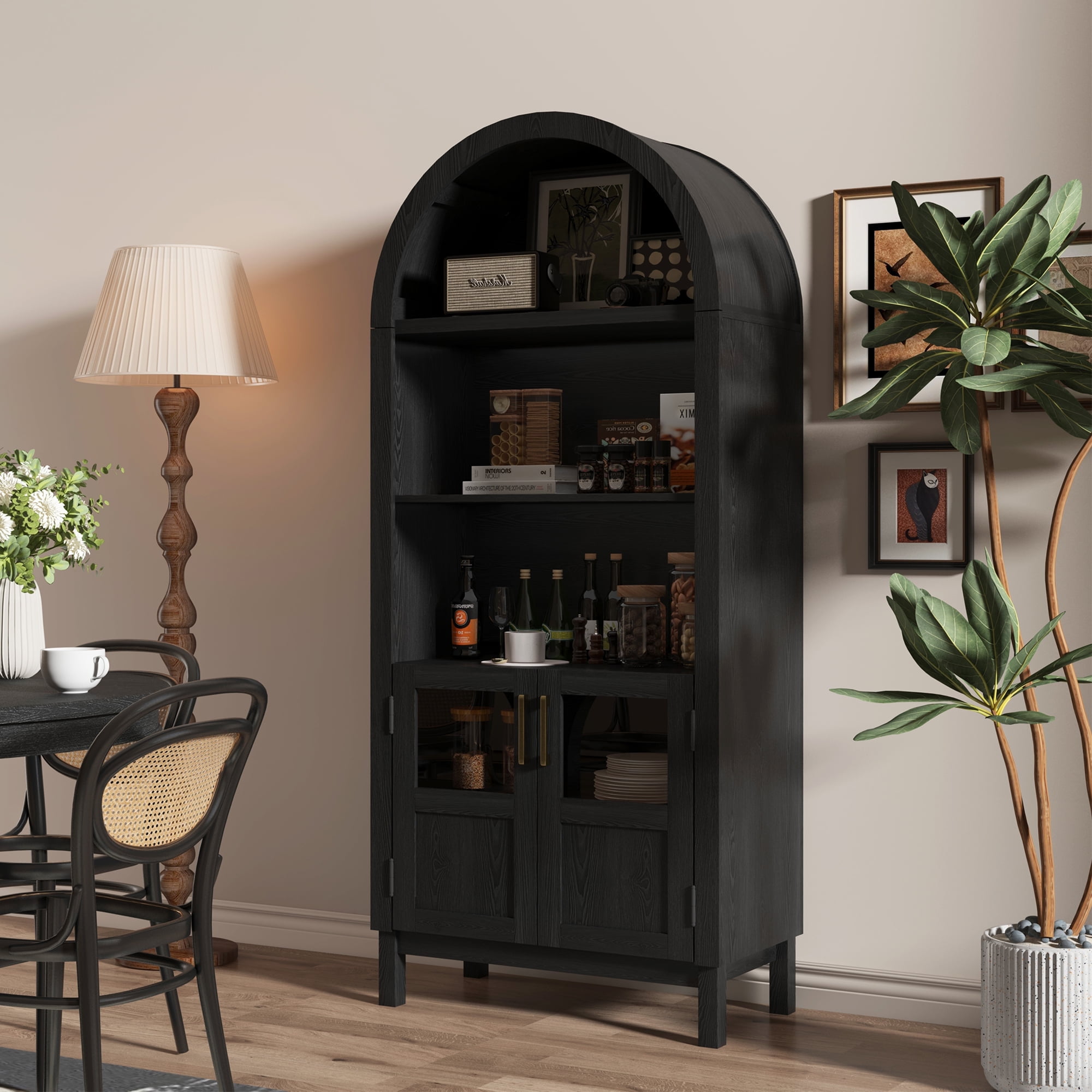 BOMETAO 70" Tall Arched Cabinet, 5-Tier Bookcase with Glass Doors ...