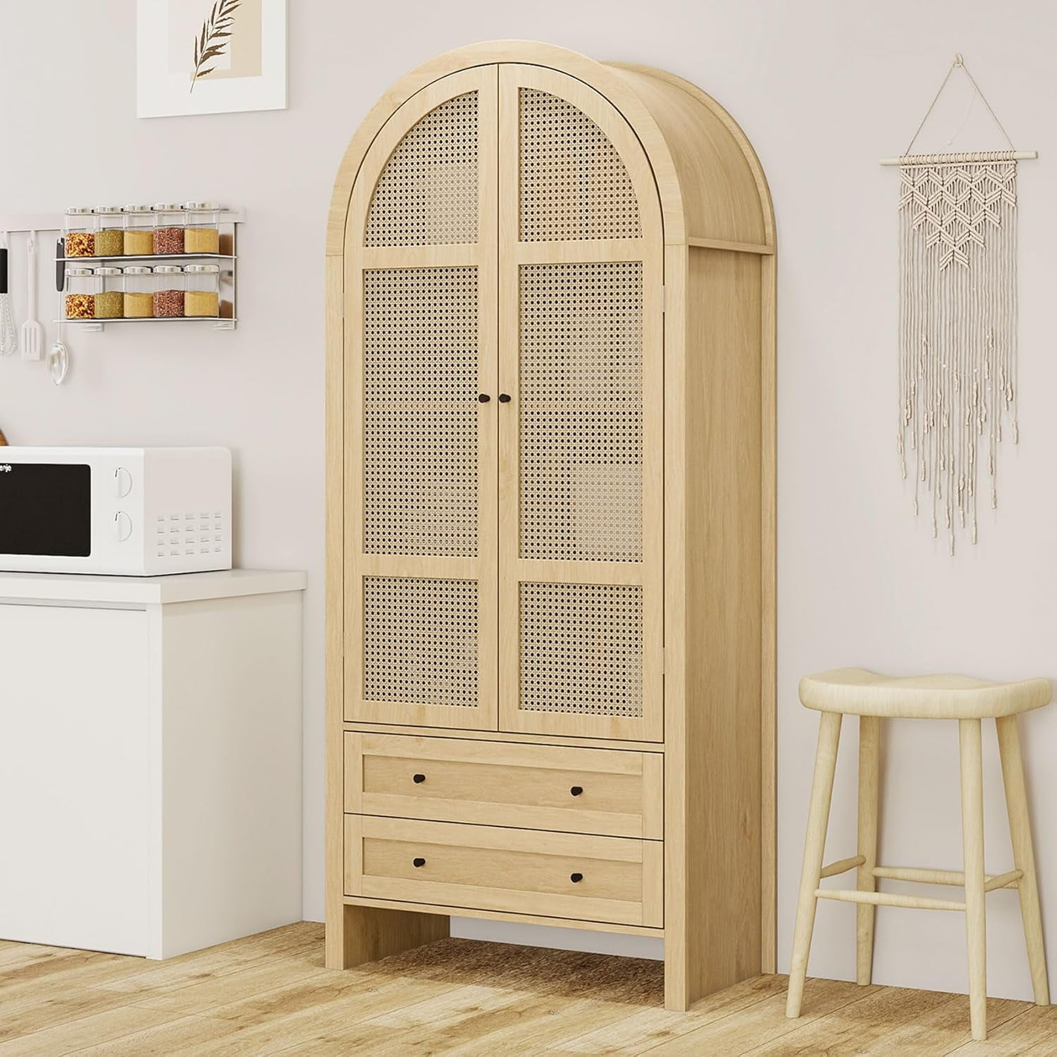 70”Tall Arched Desige Storage Cabinet with Rattan Hollow Doors and Two ...
