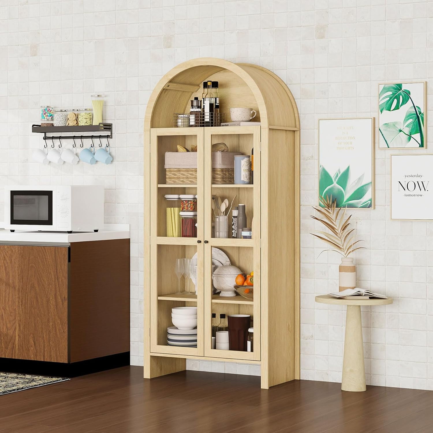 70”Tall Arched Design Storage Cabinet with Acrylic Glass Doors, Wooden ...