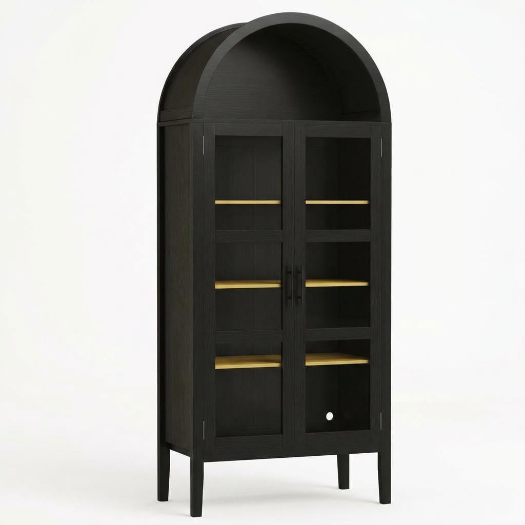 70" Tall Arched Kitchen Pantry Cabinet with LED Lights, Modern Wood ...