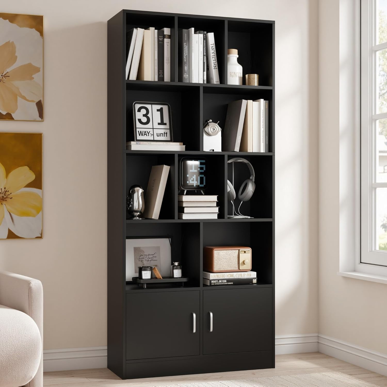 70" Tall Black Bookshelf with 12 Cubes and 2 Doors, 4-Tier Open Shelf ...