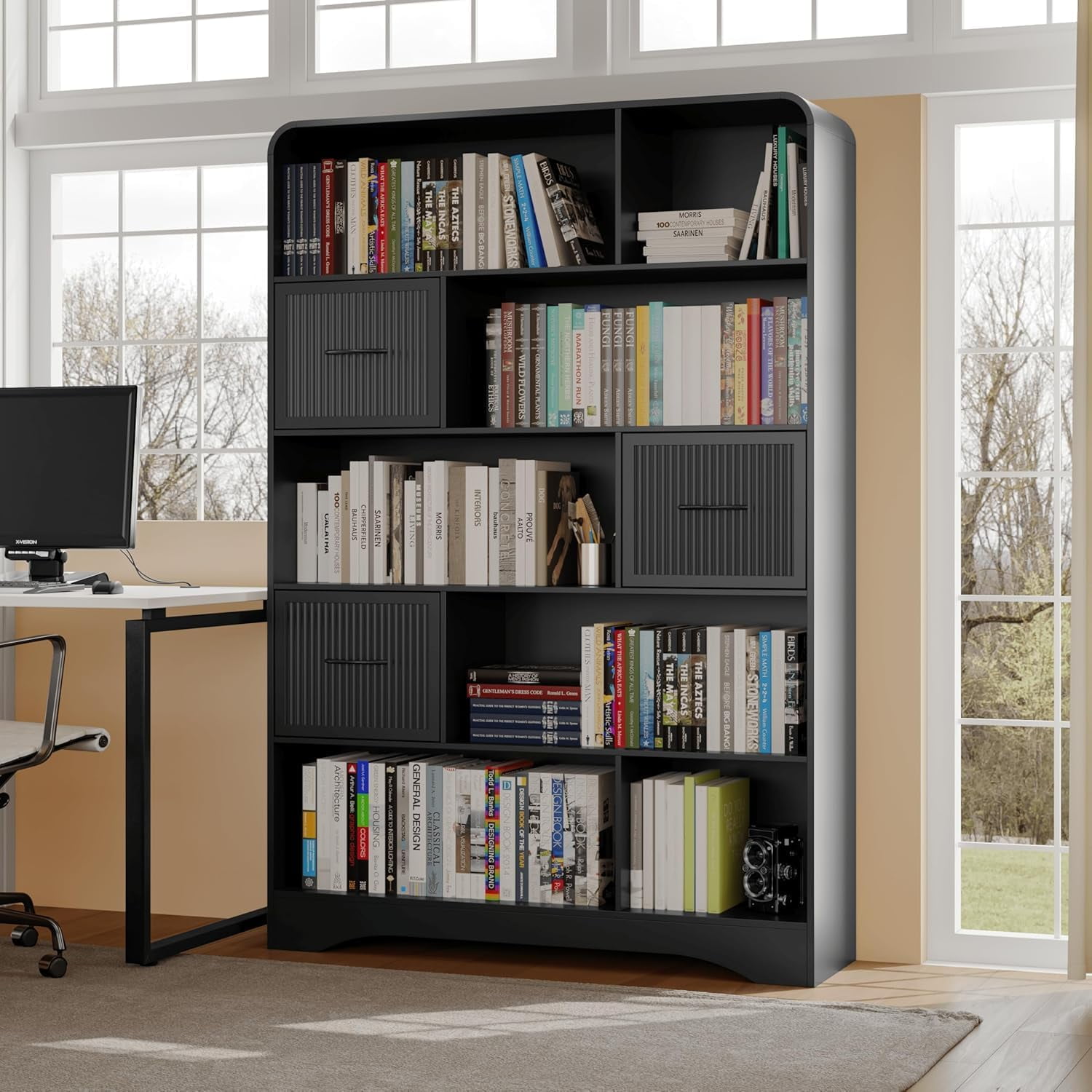 70" Tall Book Shelf and Bookcase, Black Bookshelf with 3 Bins, 48" Wide ...