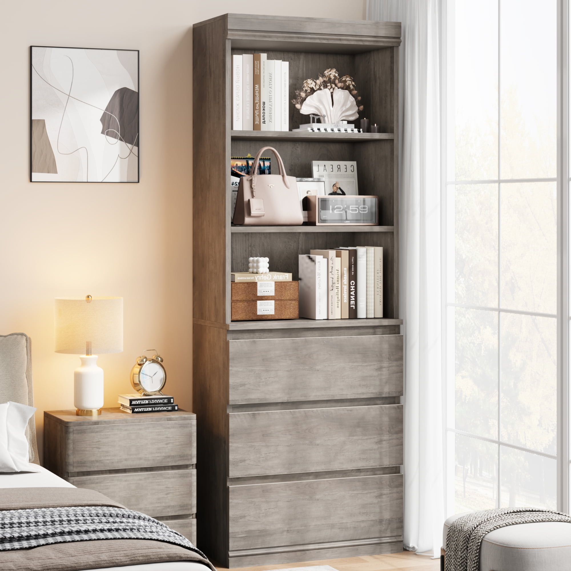 70" Tall Bookcase with 3 Storage Drawers and 3-Tier Open Shelf,Morden ...