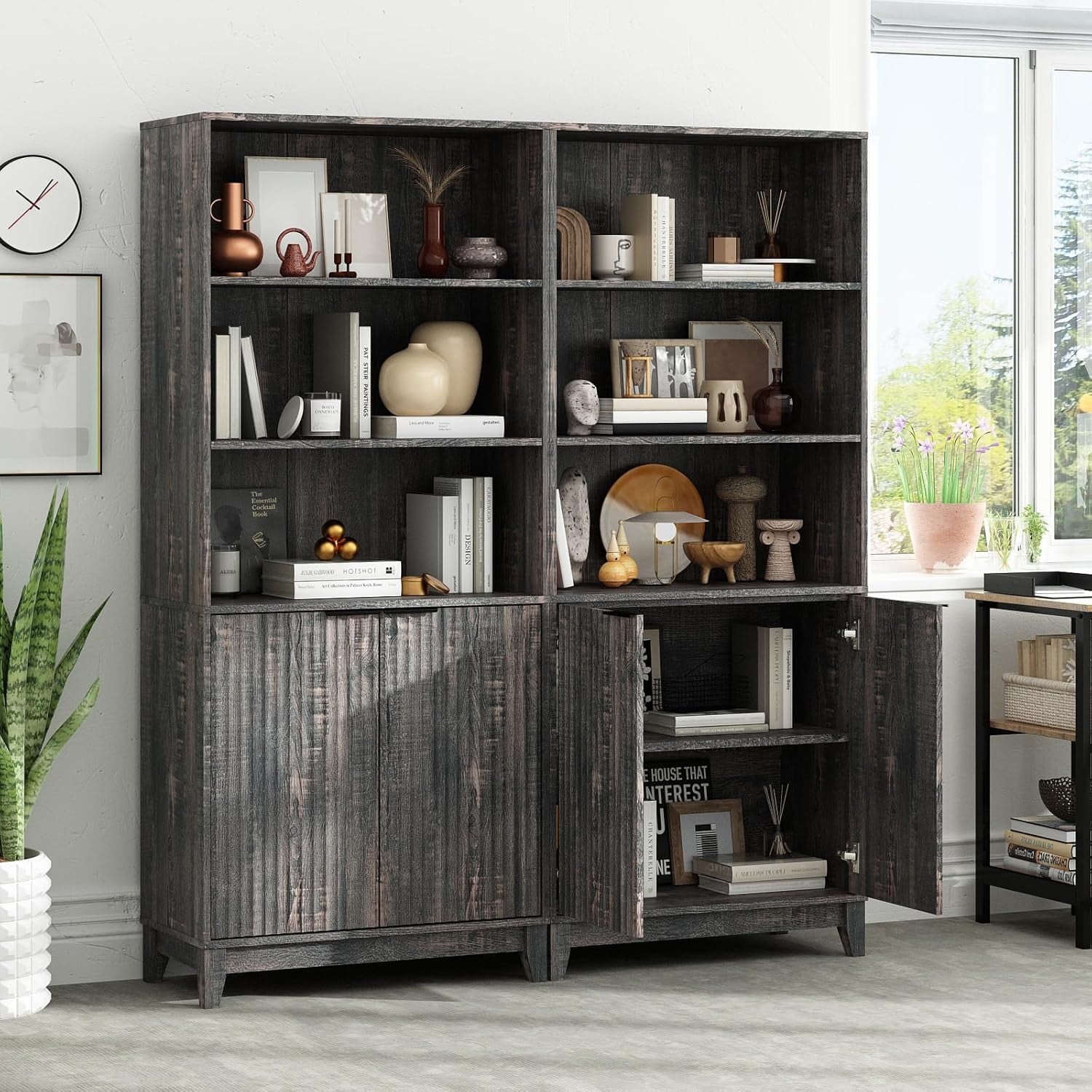 70" Tall Bookshelf 5 Tier Bookcase with Fluted Doors, Modern Farmhouse ...