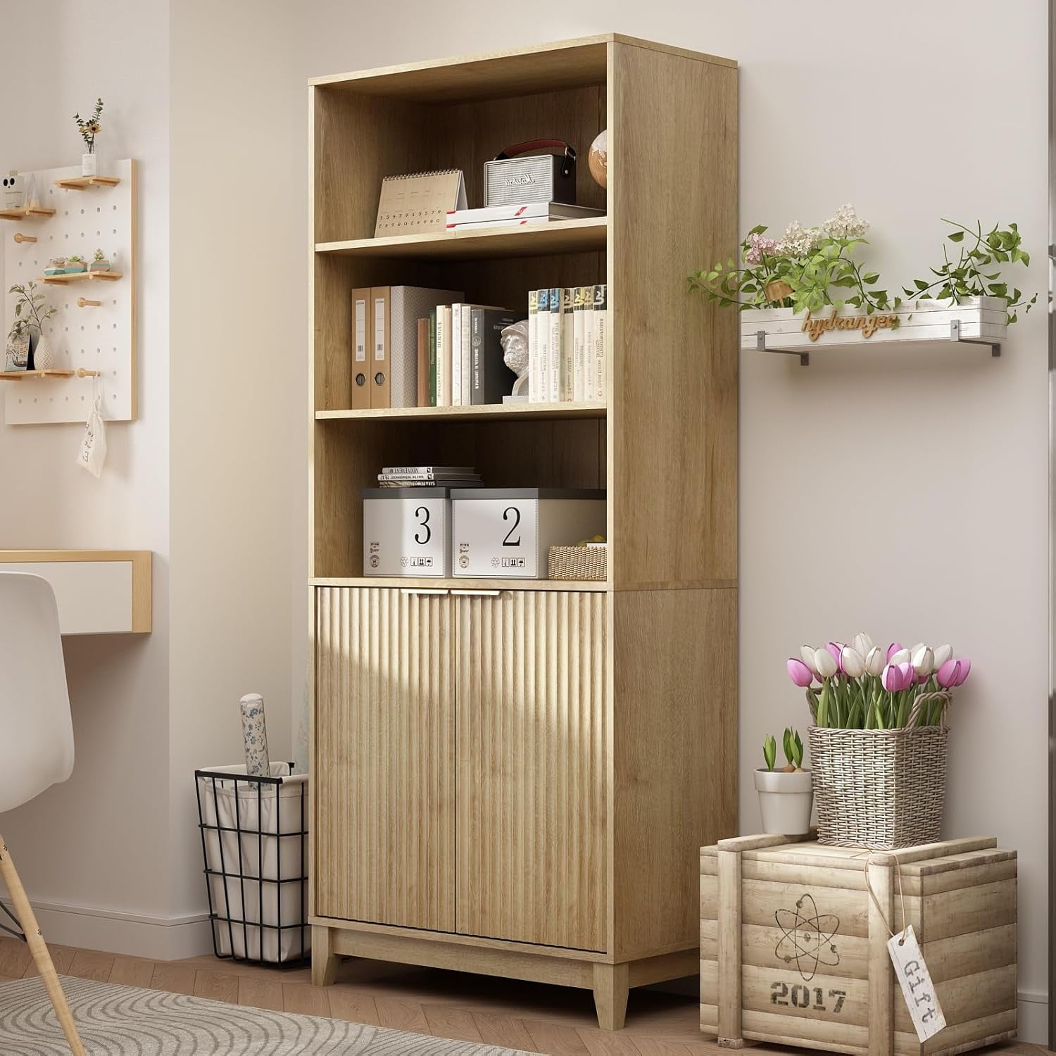 70" Tall Bookshelf 5 Tier Bookcase with Fluted Doors, Modern Farmhouse ...