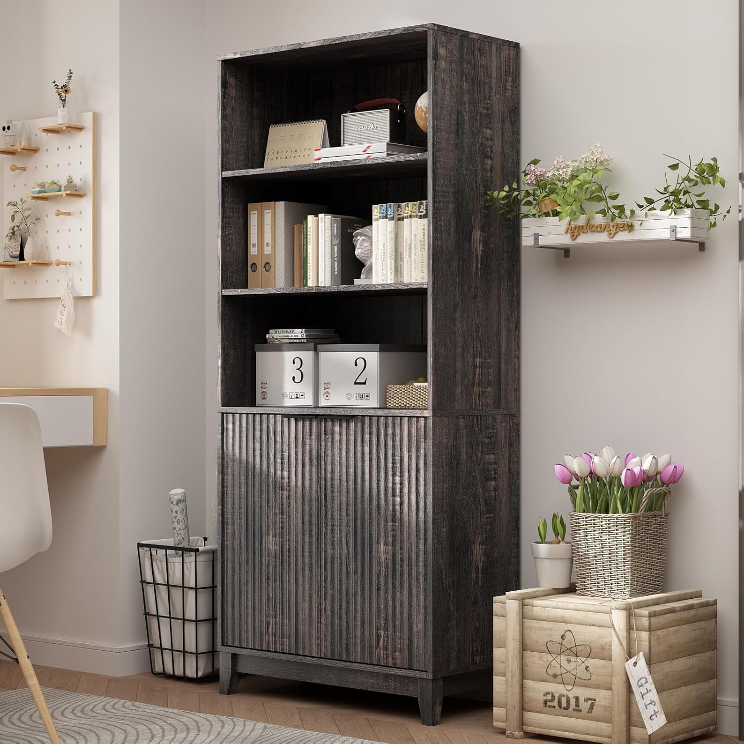 70" Tall Bookshelf 5 Tier Bookcase with Fluted Doors, Modern Farmhouse ...