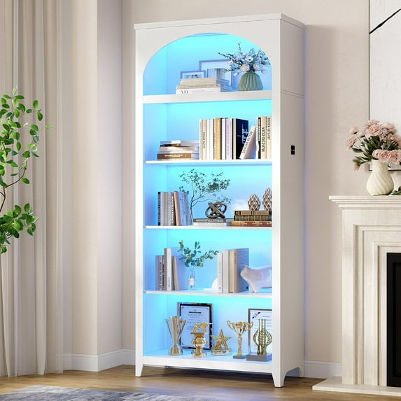 70" Tall Bookshelf with LED Lights, 5-Tier Modern Farmhouse Wood ...
