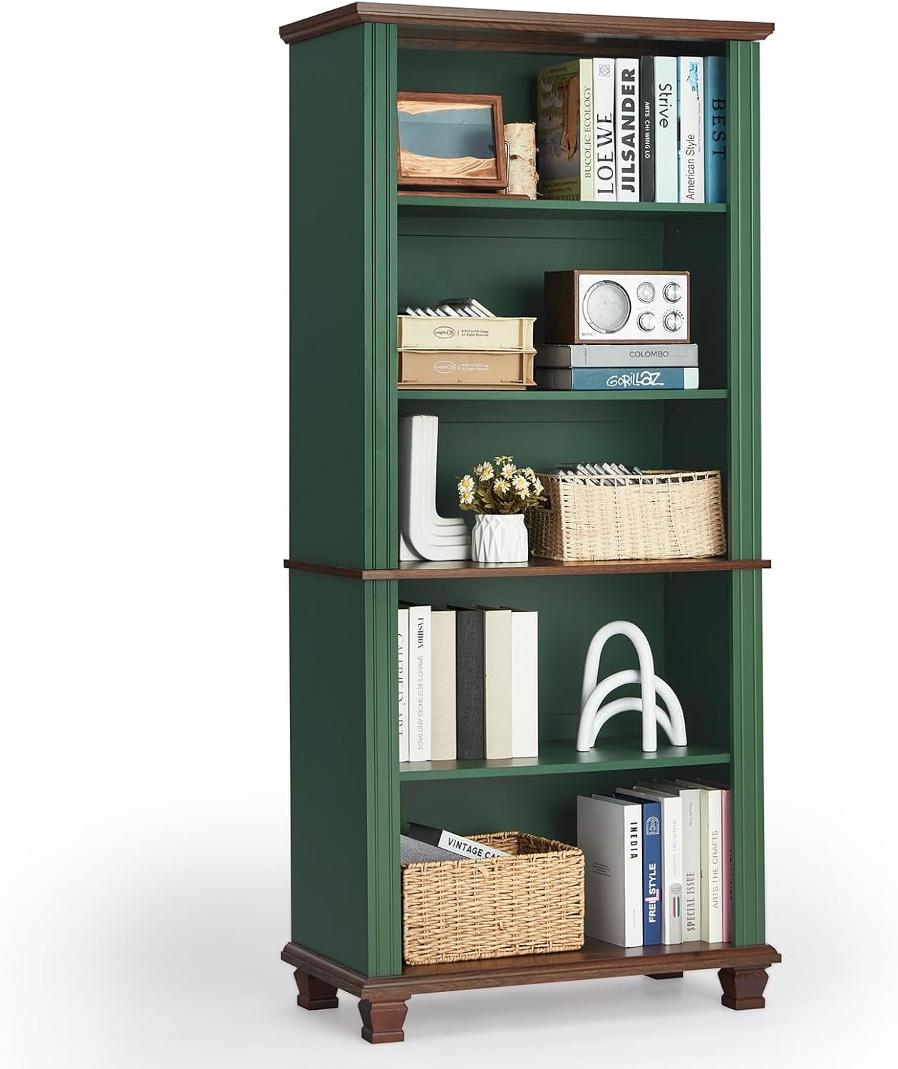70" Tall Green Bookshelf,5 Tier Wooden Book Shelf with Adjustable ...