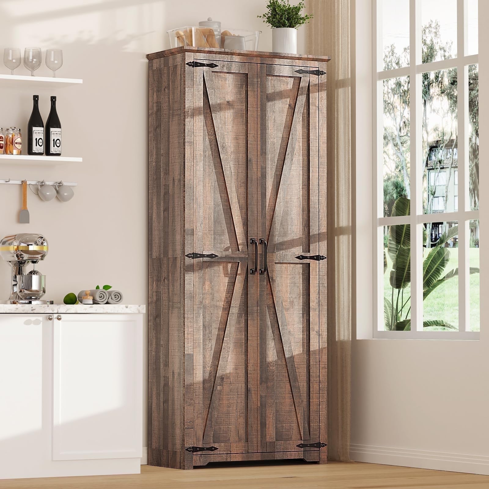 70" Tall Kitchen Pantry, Farmhouse Storage Cabinet with 2 Barn Doors ...