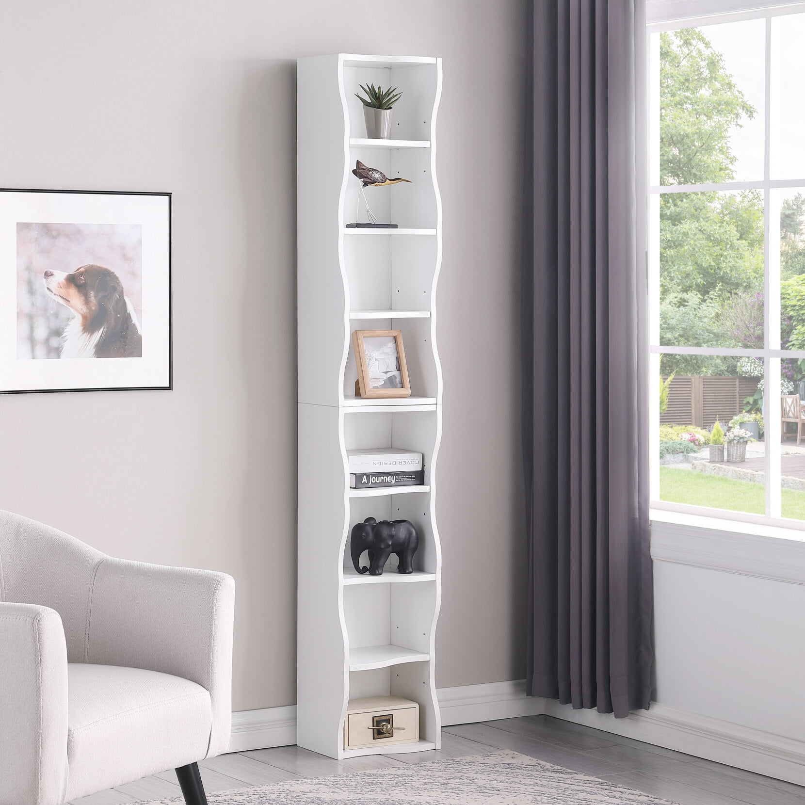 70" Tall Narrow Bookshelf, 8-Tier Cube Display Rack, Modern Wavy Border ...