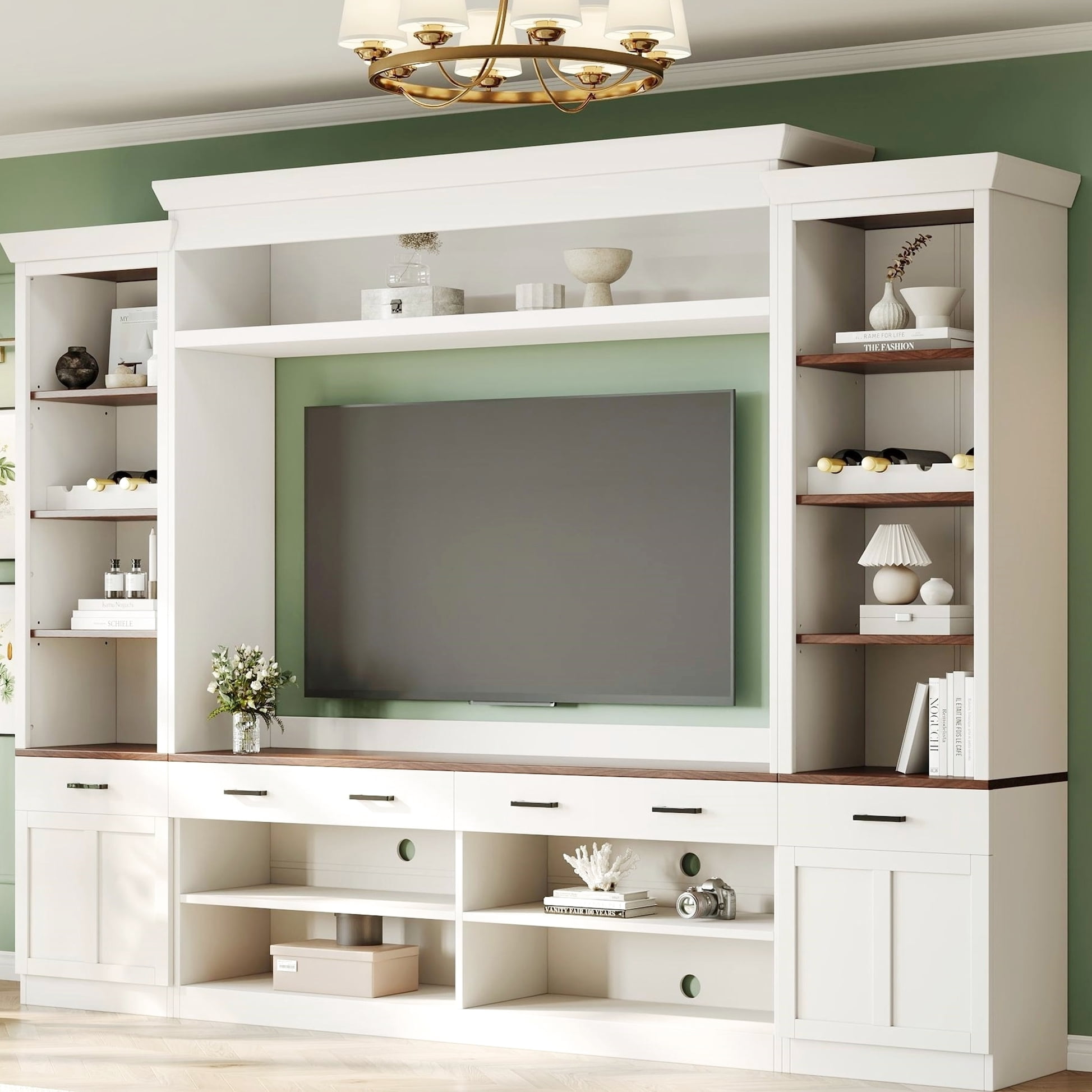 70" Tv Console With Character, Walnut Surface, White Base, And Shelf ...