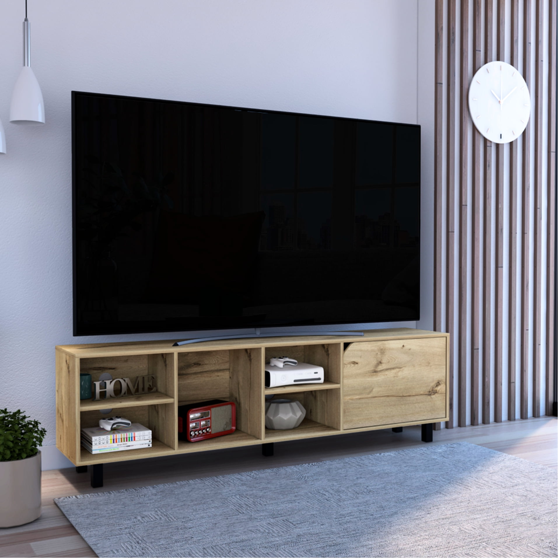 70" Tv Console With Oak Laminate Finish, Four Open Shelves, Five Legs ...