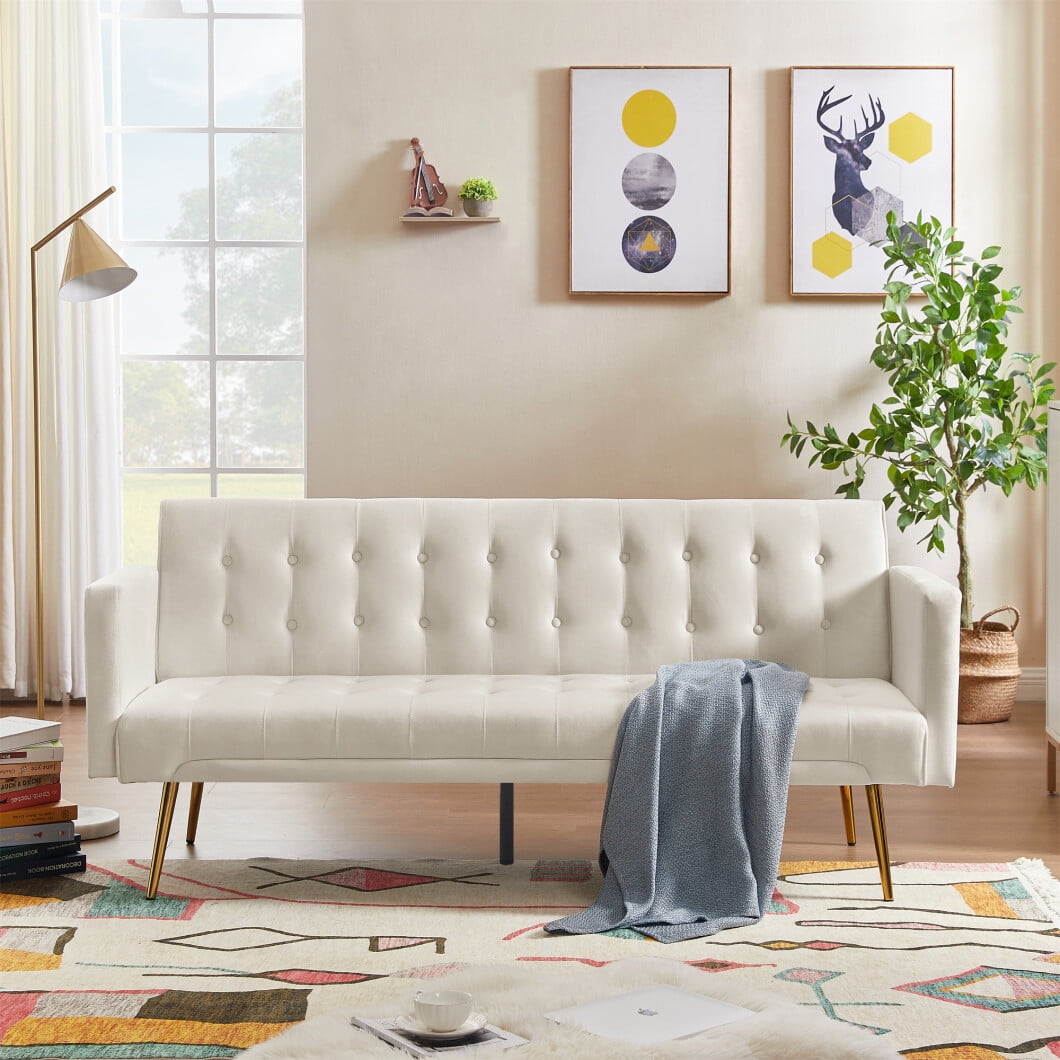 70" Velvet Futon Sofa Bed, Loveseat Convertible Sleeper Sofa with Adjustable Backrest, Button ...