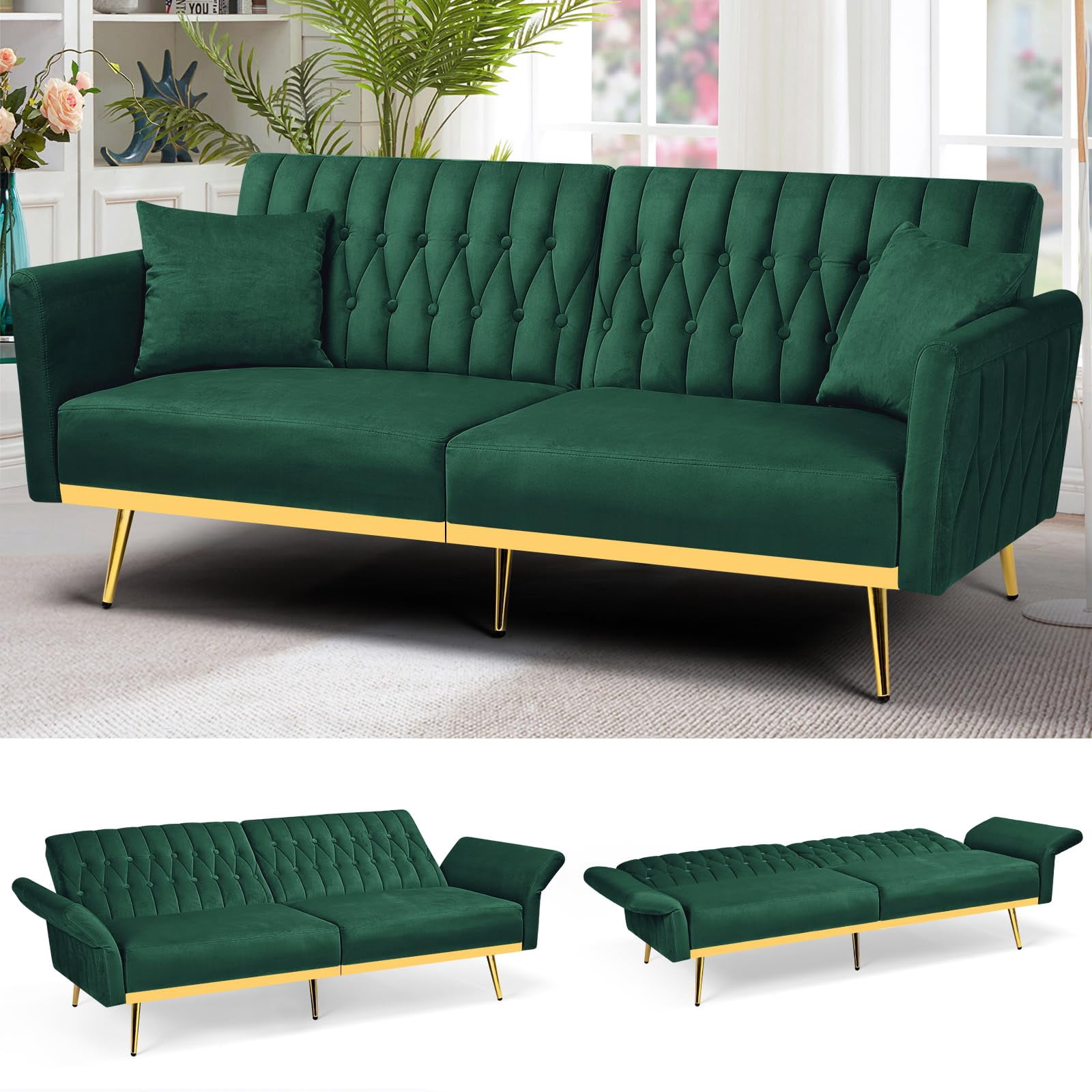 70” Velvet Futon Sofa Bed w/Adjustable Backrests and Armrests ...