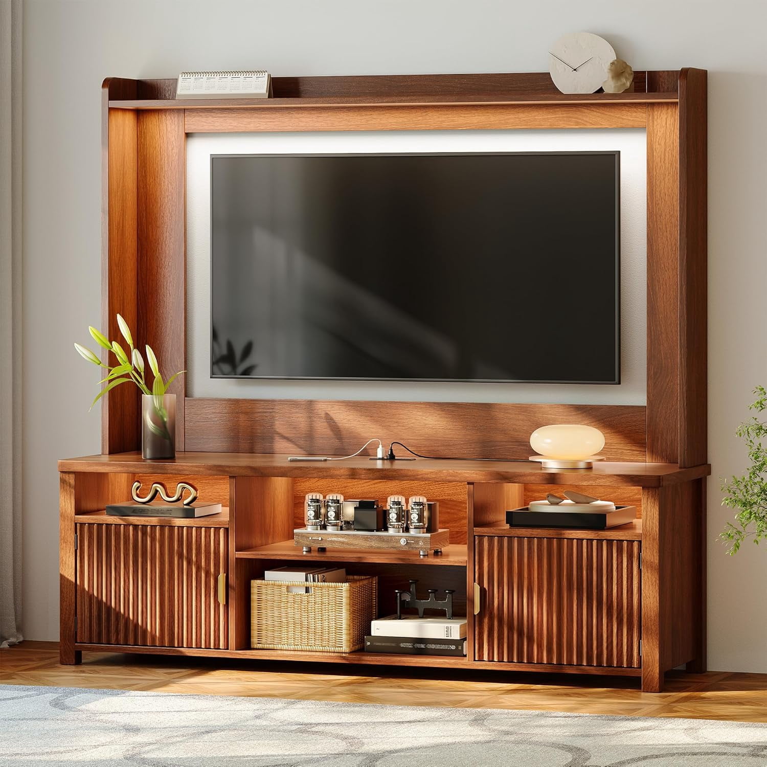 70" W Entertainment Center with LED Lights & Charging Station, TV Stand ...