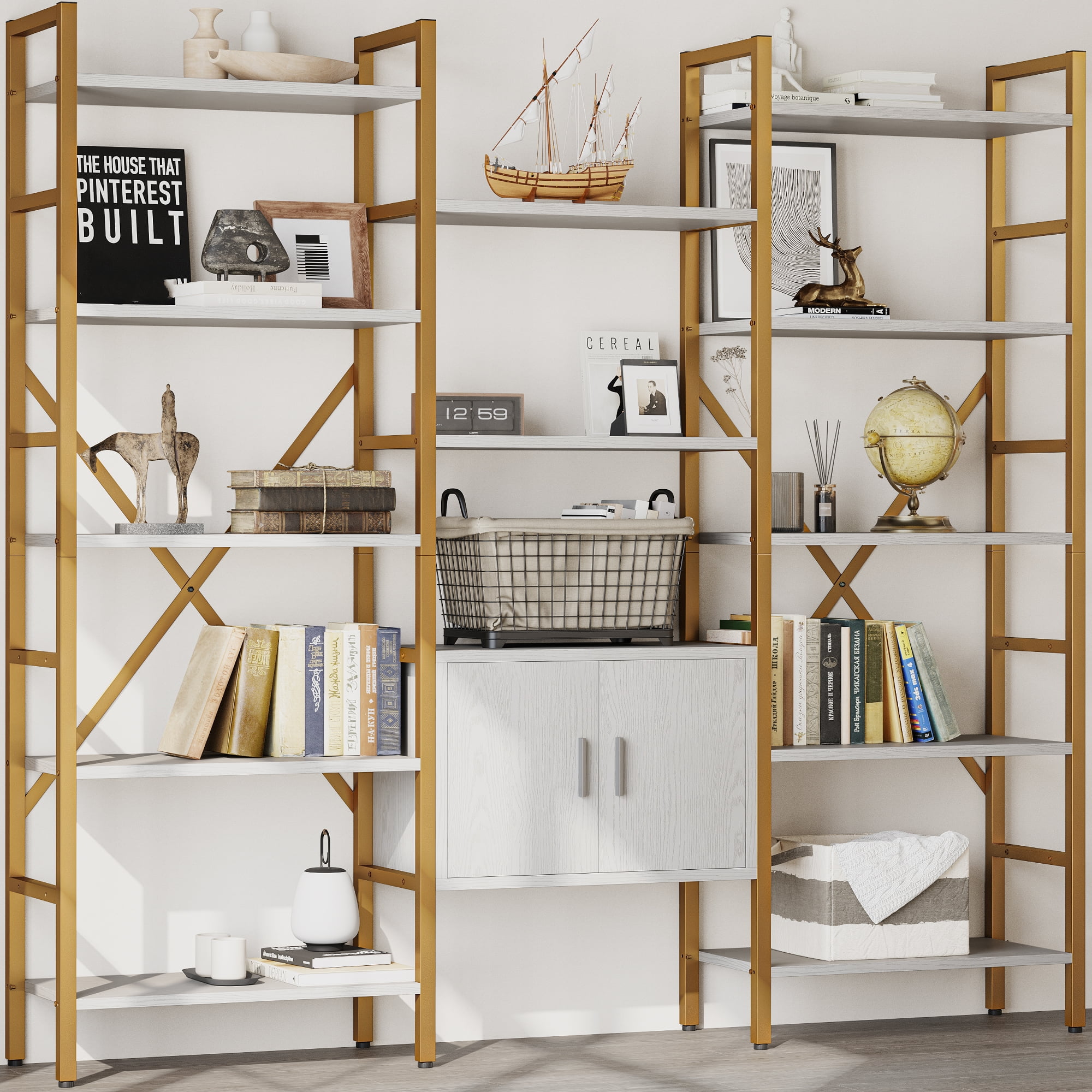 70"W x 70"H 5 Tiers Etagere Bookcase with Storage Cabinet, 3-Column ...