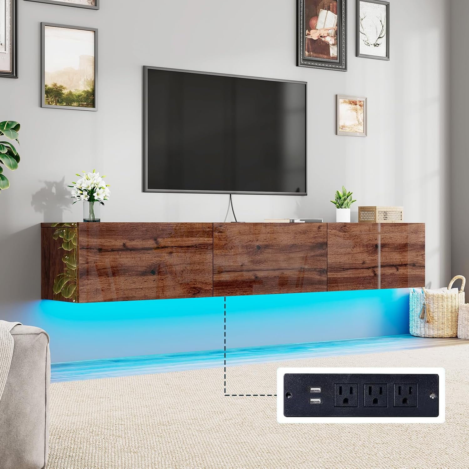 70" Wall Mounted High Gloss Floating TV Stand with LED Lights ...