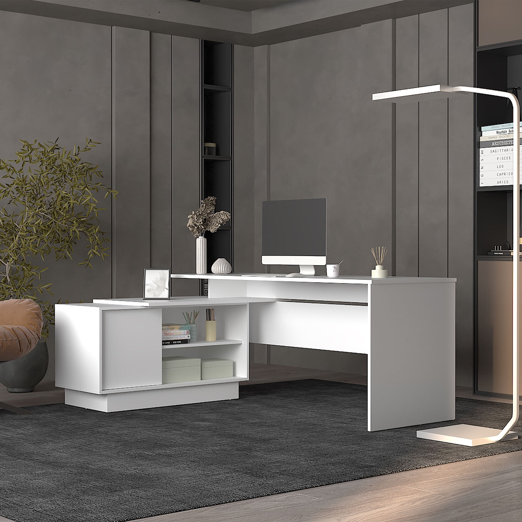 70" Wide L-Shaped Office Desk with One Cabinet and Two Open Shelves ...