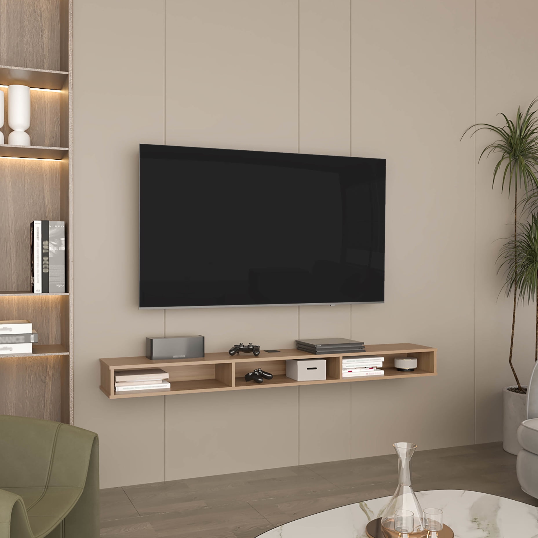 70" Wide Tv Console With 3 Shelves, Wall Mounted For - Oak Natural 71 ...