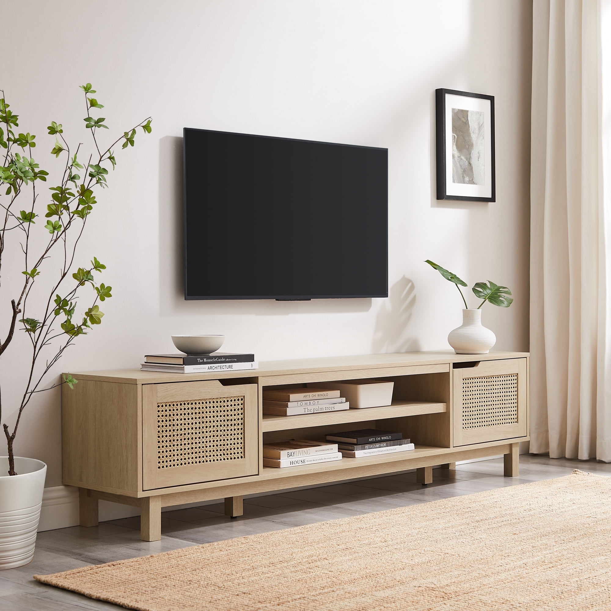 Walmart 70" Oak Wood TV Stand with 2 Rattan Doors, Open Shelves & Cord ...