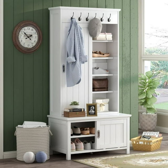 70" Wooden Hall Tree, Sliding Doors, Adjustable Shelves, Hooks, Shoe ...