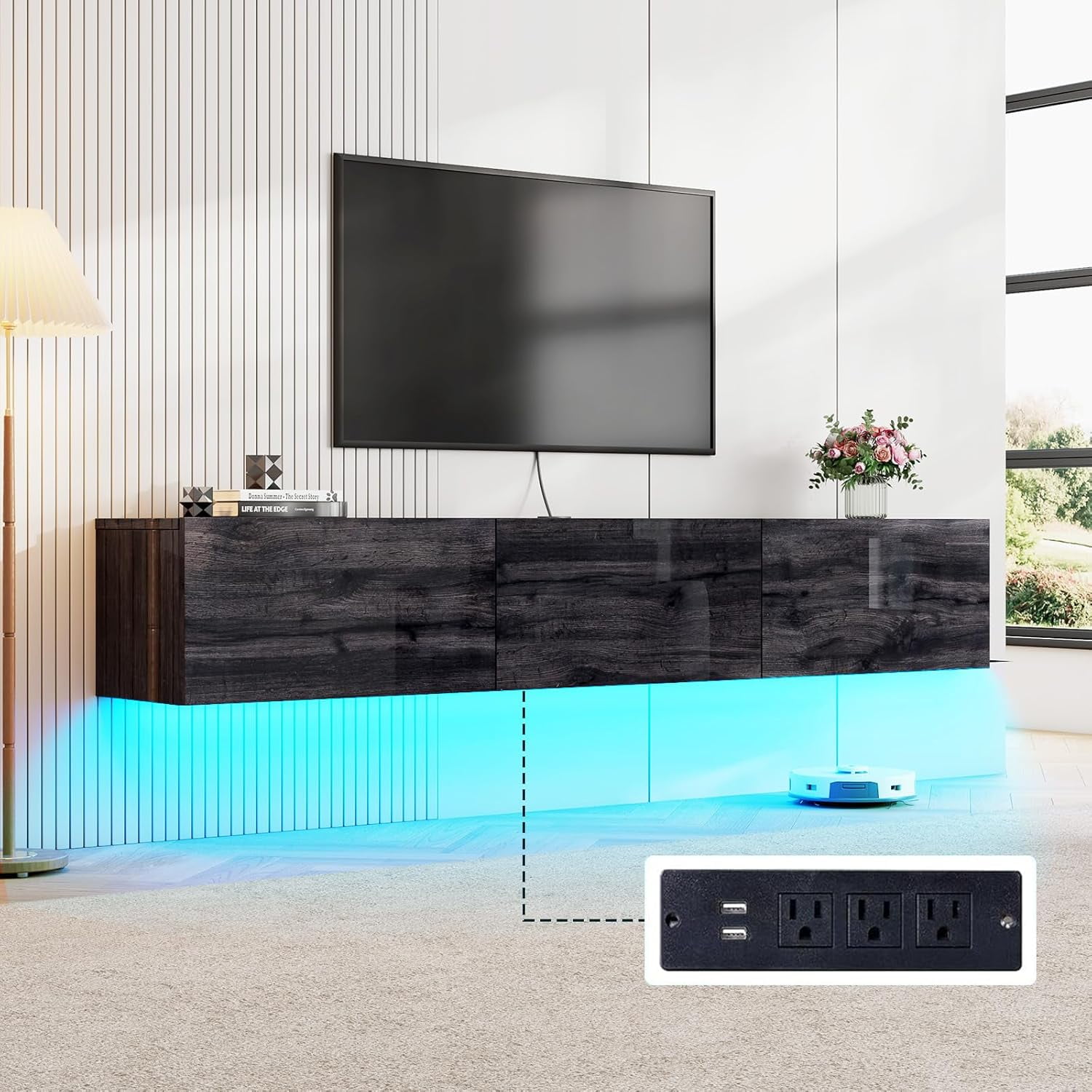 70" Woodgrain High Gloss Floating TV Stand with LED Lights & Charging ...