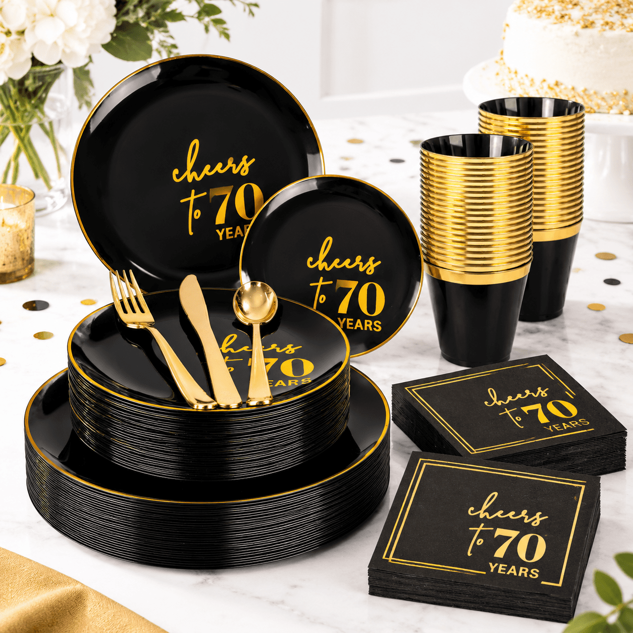 70 Years Black Plastic Disposable Party Plates and Dinnerware Set for ...