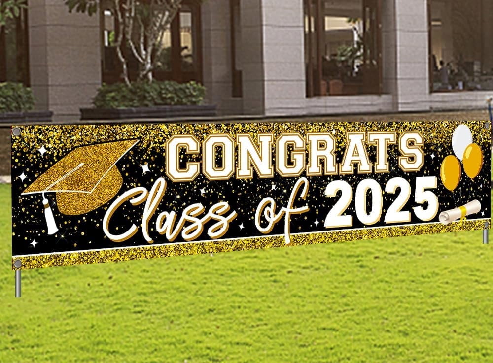 70" graduation decorations 2025, black and gold congrats banner, class ...