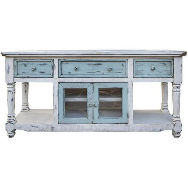 70 in. Blue & White Solid Wood Open Shelving Distressed TV Stand ...