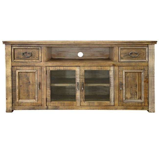 70 in. Solid Wood Cabinet Enclosed Storage Distressed TV Stand, Brown ...