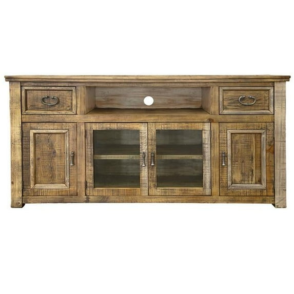 70 in. Solid Wood Cabinet Enclosed Storage Distressed TV Stand, Brown ...