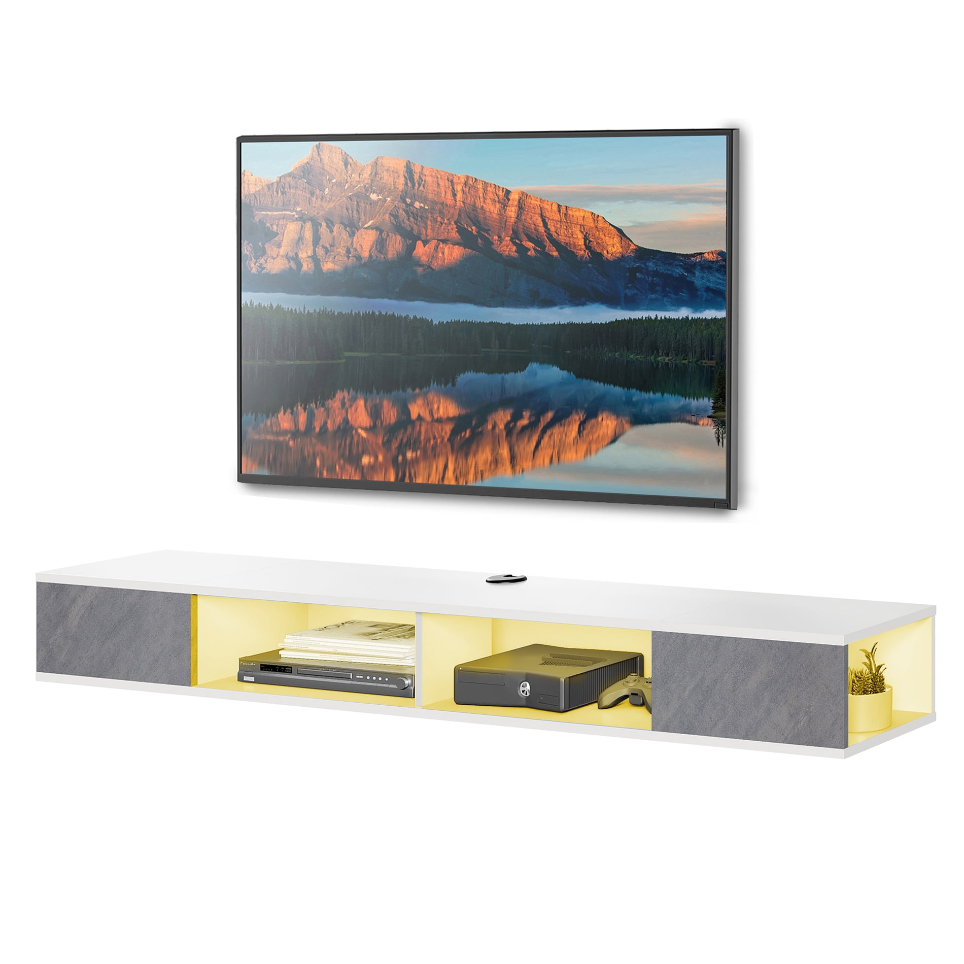 70 inch Floating TV Stand for Wall Mounted with Yellow Lights, Floating ...