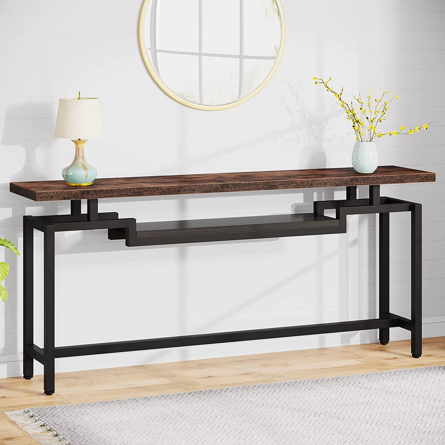 70 inch Sofa Table, Narrow Long Console Table with 2 Tiers, Industiral ...