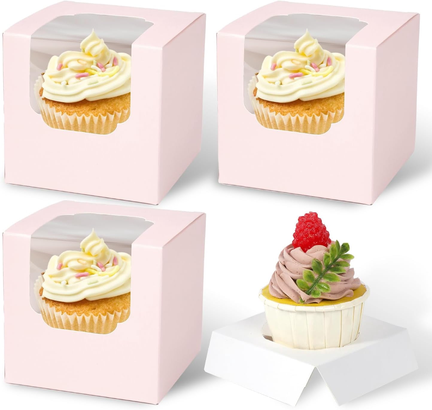 70 packs Pink Cupcake Boxes Individual Cupcake Container 3.5" x 3.5" x ...