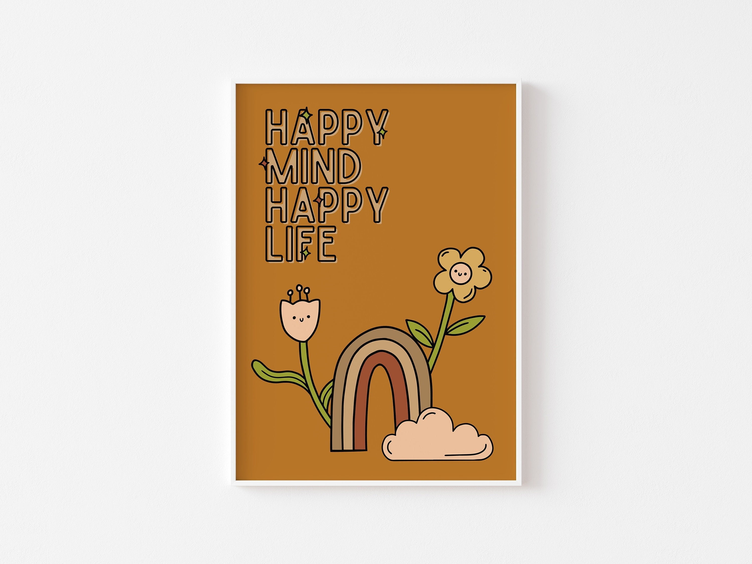 70's Happy Mind Happy Life Print - Retro Poster, Earthy Colours, 1970s ...