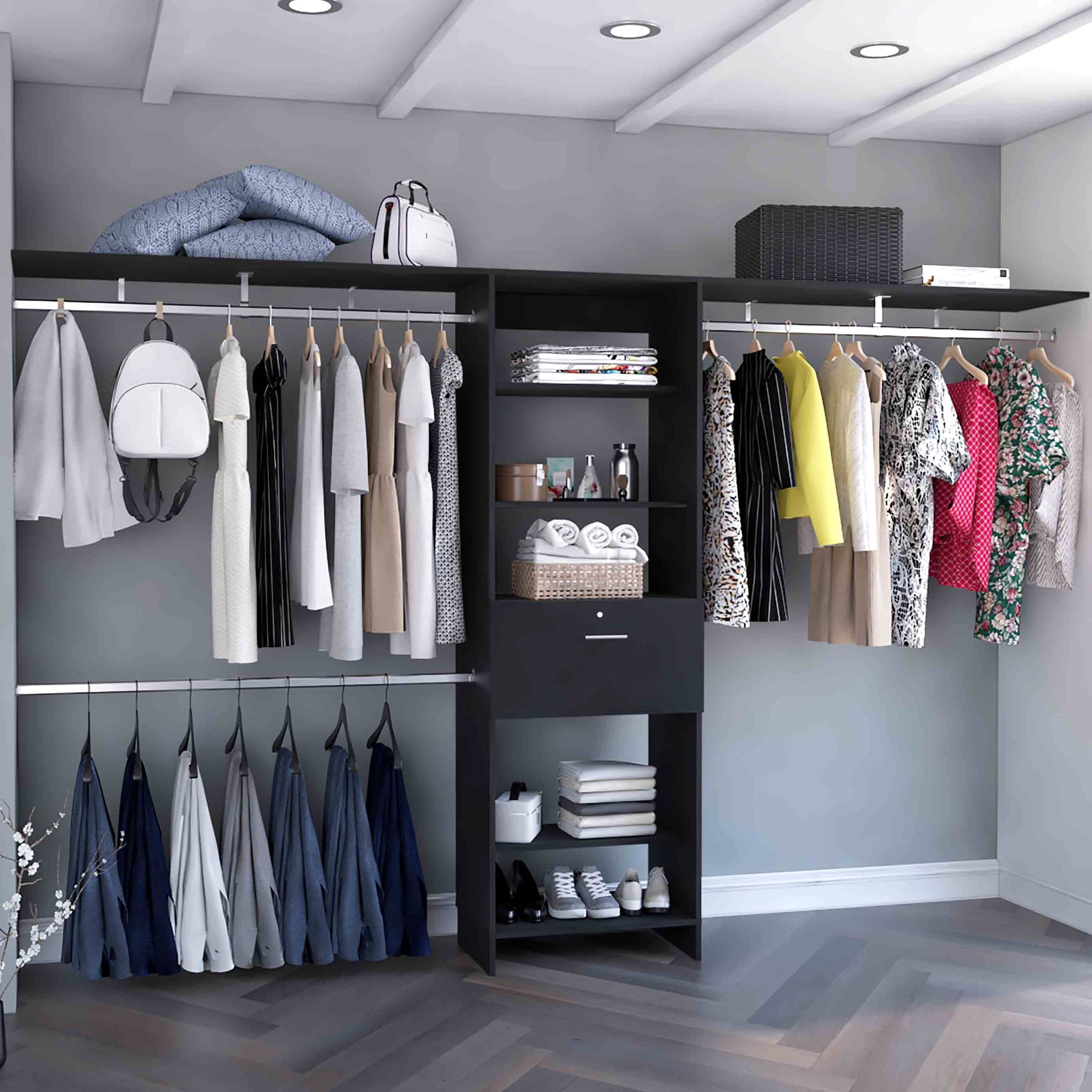 70"w - 118"w Drawer Closet System With 1 Classic Drawer, 3 Hanging Rods ...