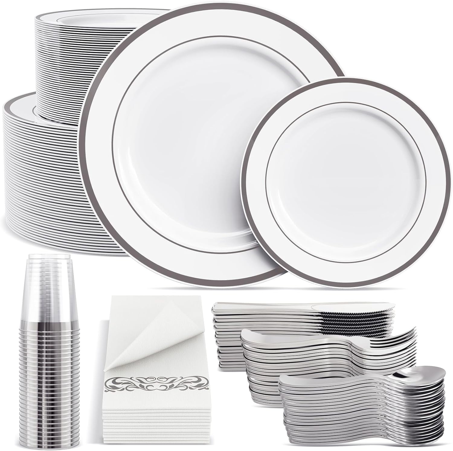 700 Count Silver Dinnerware Set-200 White and Plastic Plates-Set of 300 ...