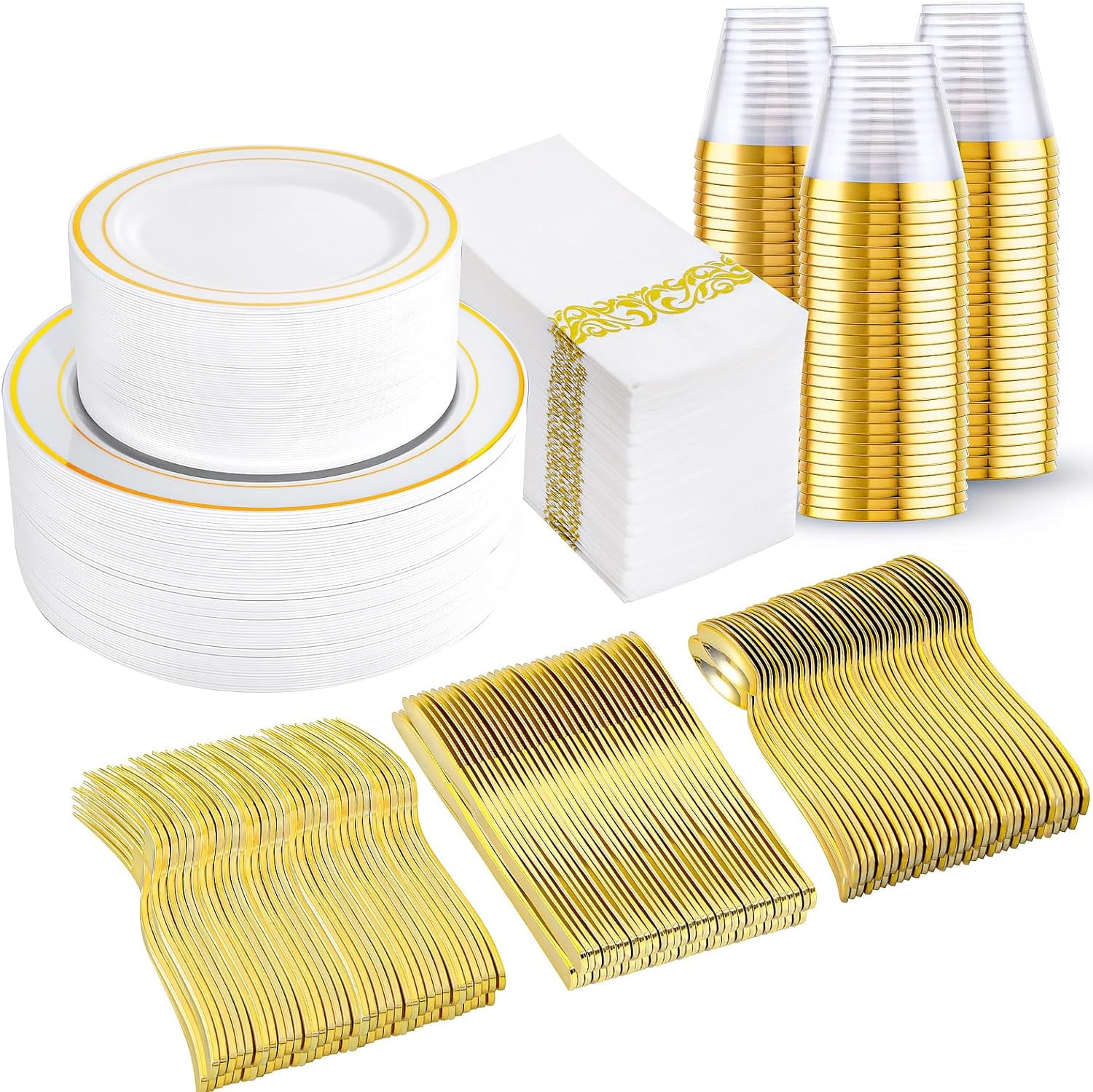 700 Pcs Gold Glitter Plastic Dinnerware Sets, Disposable Plates for ...