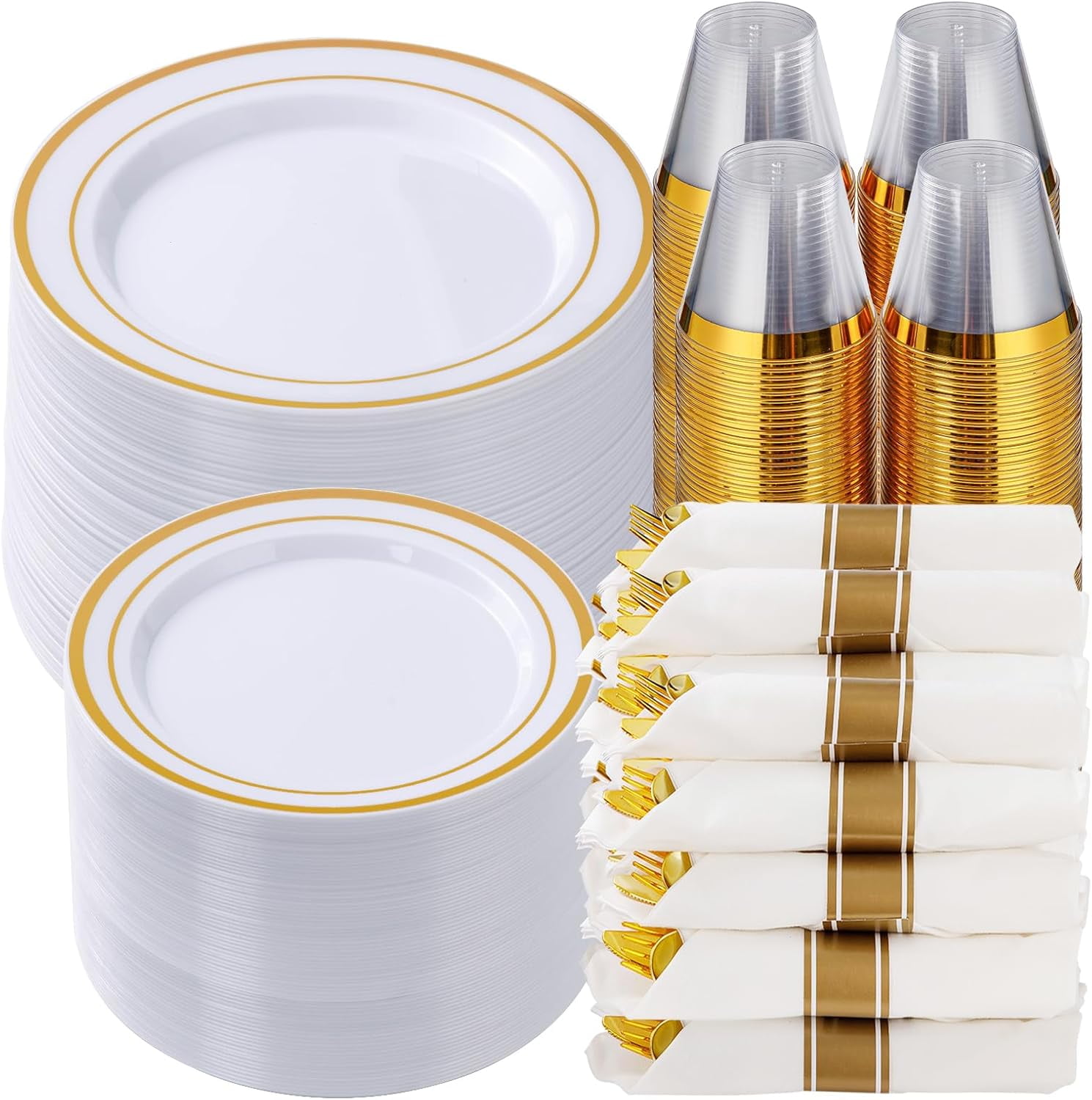 700 Piece Gold Plastic Dinnerware Set for 100 Guests, Disposable Plates ...