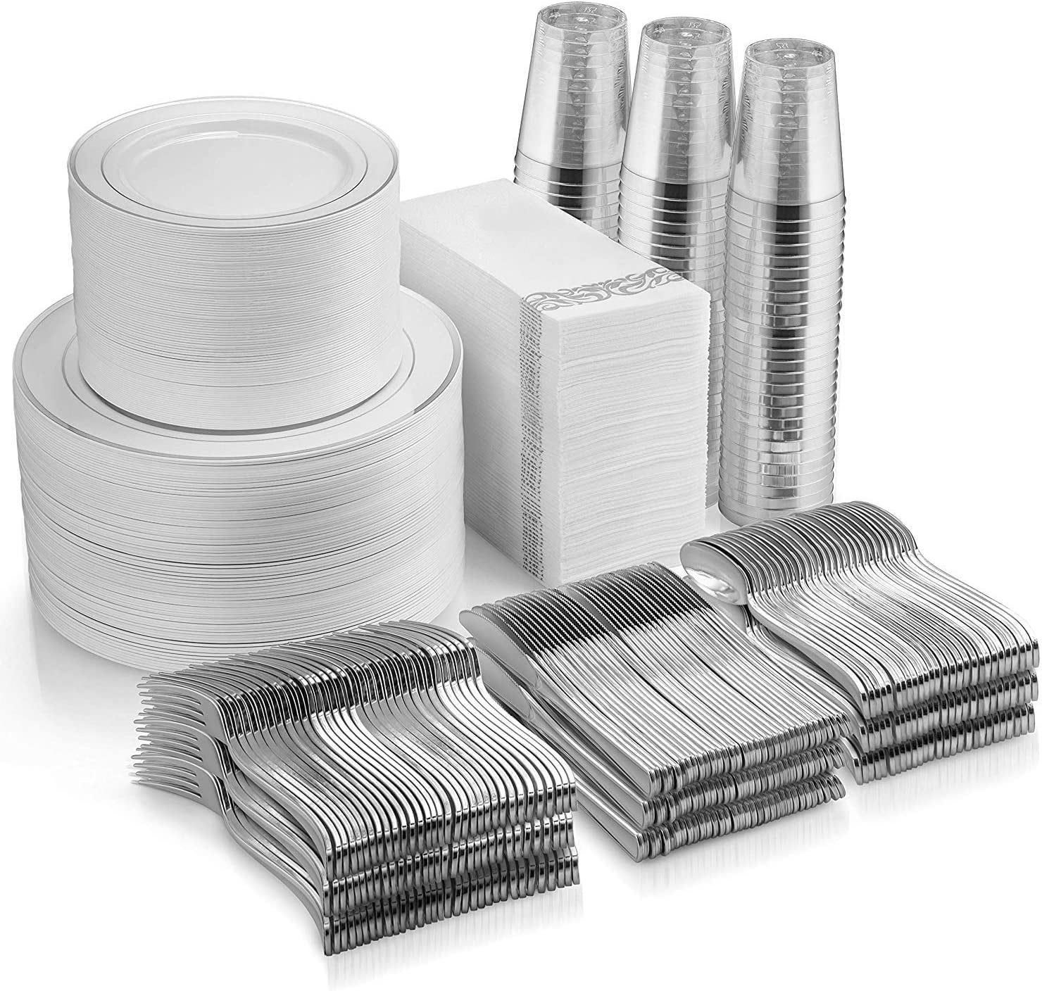 700 Piece Plastic Silver Dinnerware Set - 200 Rim Plates - 300 ...
