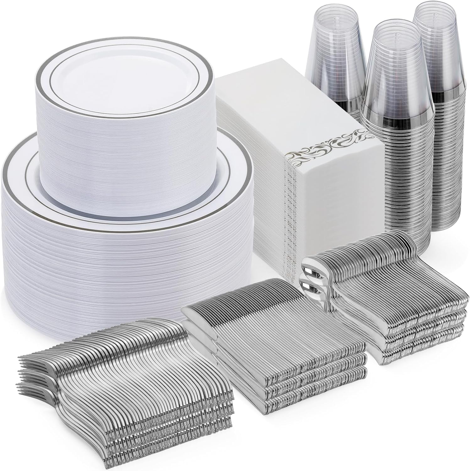 700 Piece Silver Dinnerware Set for 100 Guests, Disposable Plastic ...