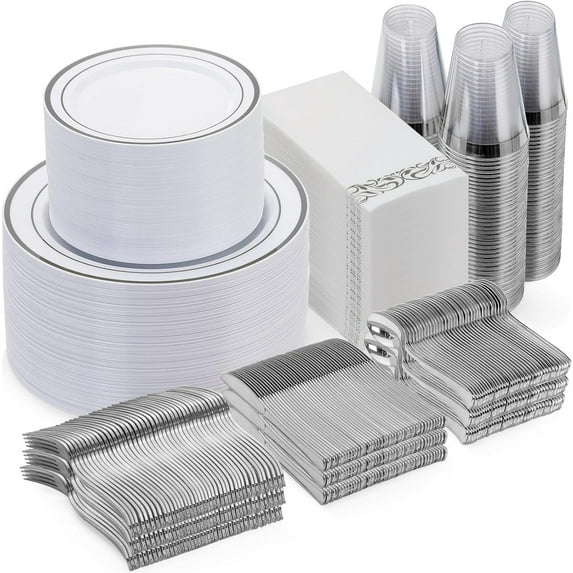 700 Piece Silver Dinnerware Set for 100 Guests, Disposable Plastic ...