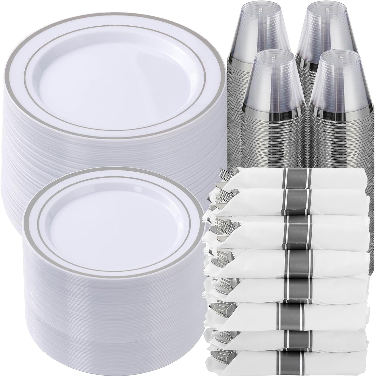 700 Piece Silver Plastic Dinnerware Set for 100 Guests, Disposable ...
